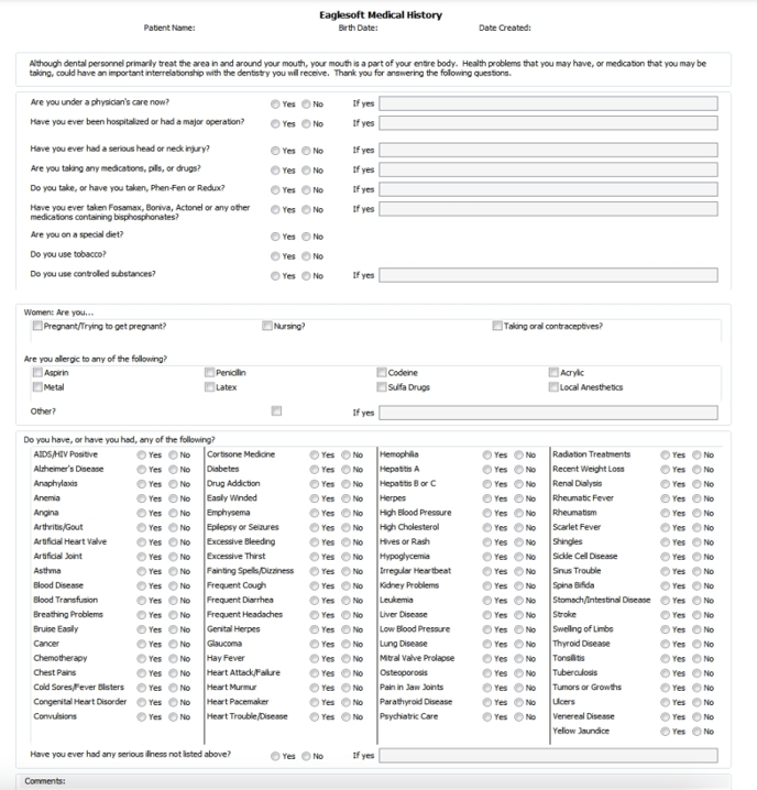 Eaglesoft Medical History Form